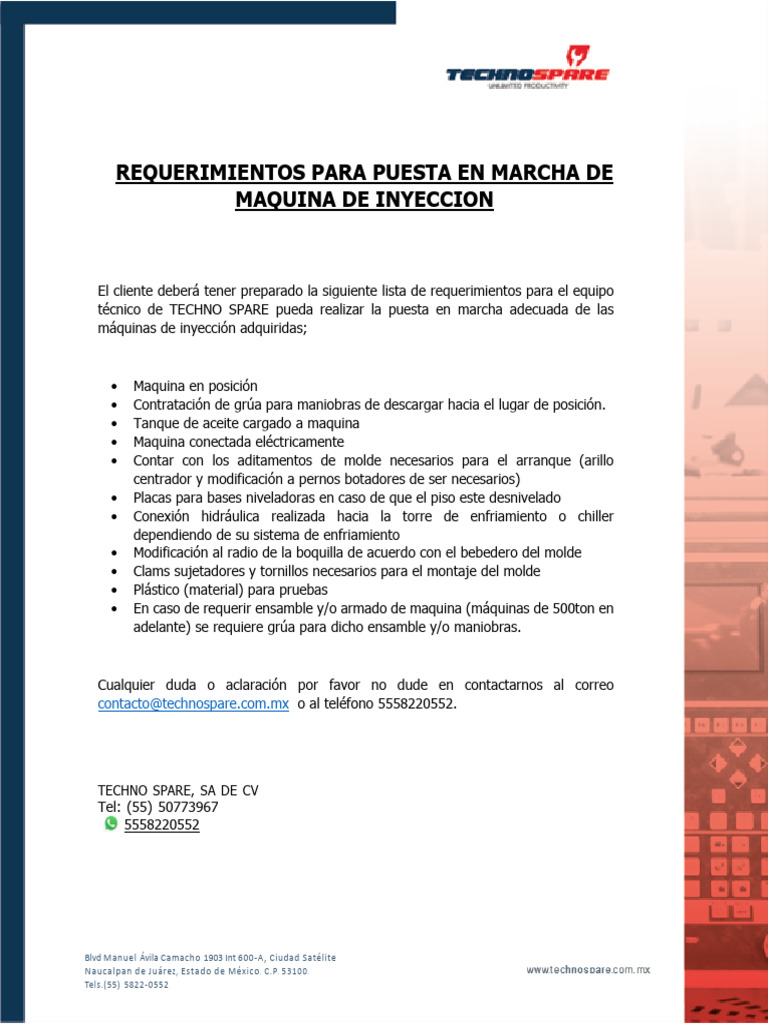 Requerimientos para Puesta en Marcha de Maquina de Inyeccion | PDF