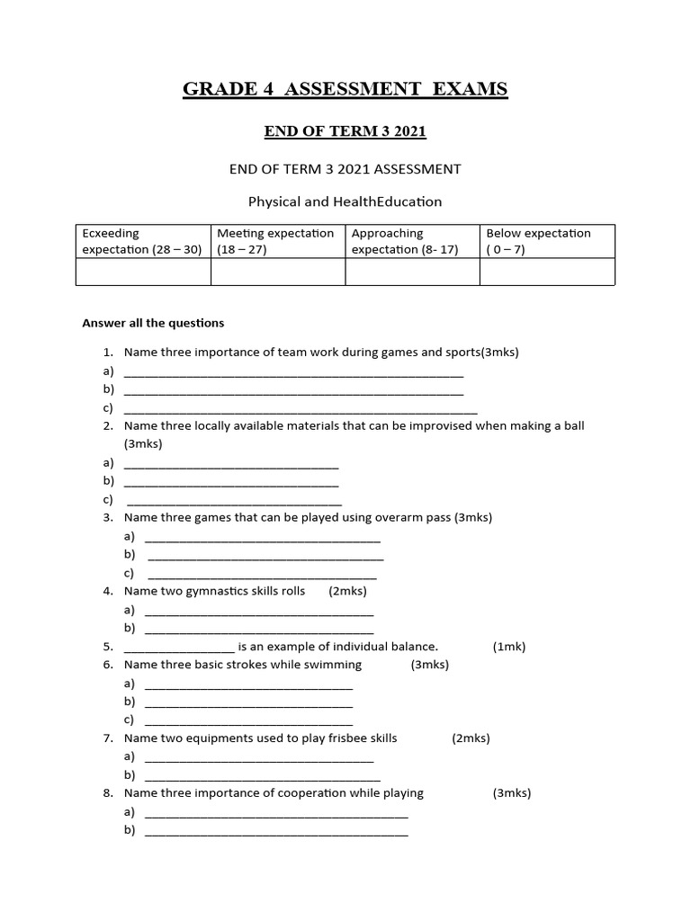 770 Grade 4 Physical and Health Education Phe End of Term 3 Exam 2021 ...