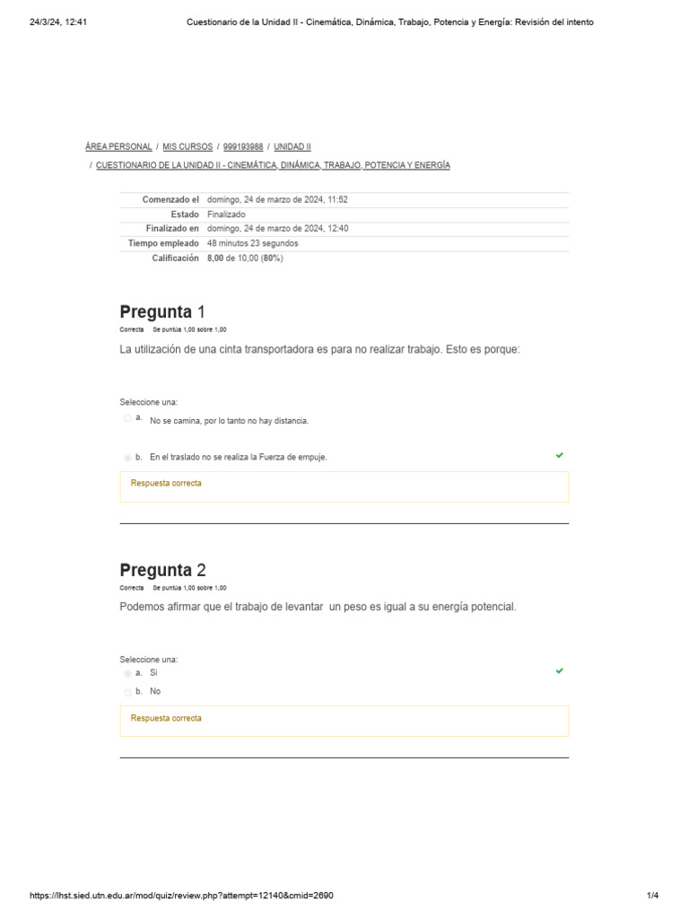 Cuestionario de La Unidad II - Cinemática, Dinámica, Trabajo, Potencia y Energía - Revisión Del ...