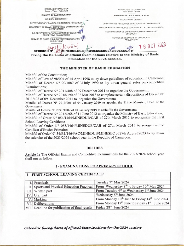 Calendar Fixing Dates of Afficial Ex 2024 | PDF