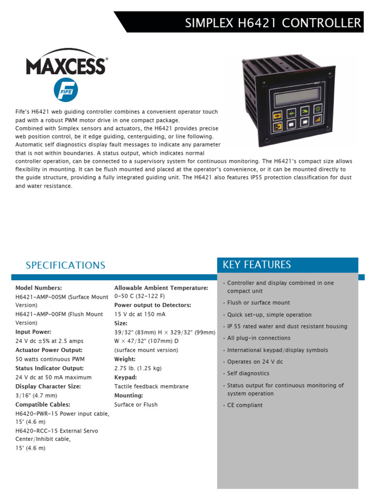 Fife H6421 Simplex Controller Product Sheet | PDF | Servomechanism | Sensor