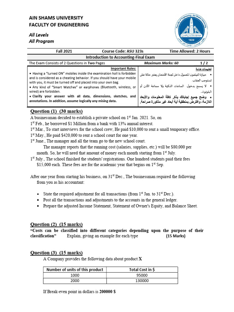 Fall 2021 Intro To Accounting + Model Answer | PDF | Money | Private Sector