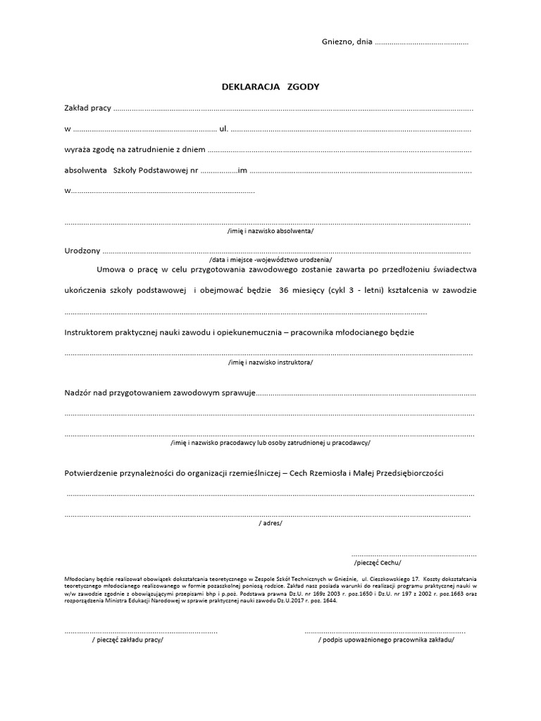 Potwierdzenie Możliwości Odbywania Praktycznej Nauki Zawodu - ZST | PDF