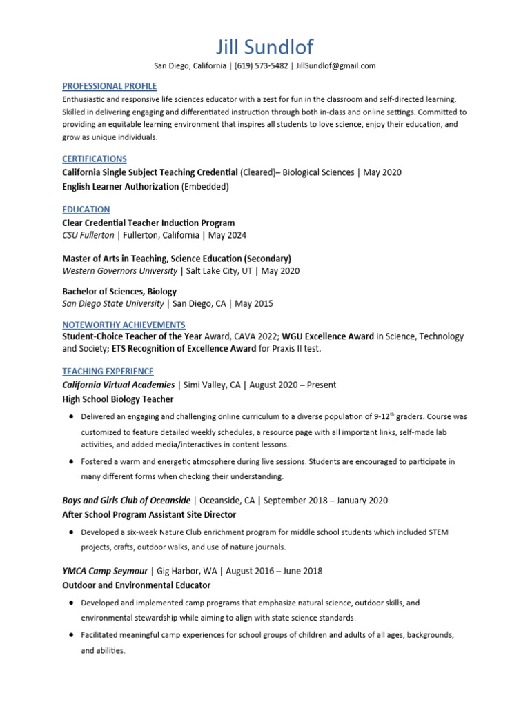 Jill Sundlof Resume - 2024 | Download Free PDF | Teachers ...