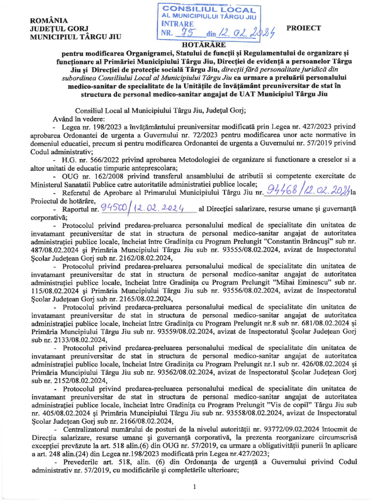 Proiect de Hotarare Nr.75 | PDF