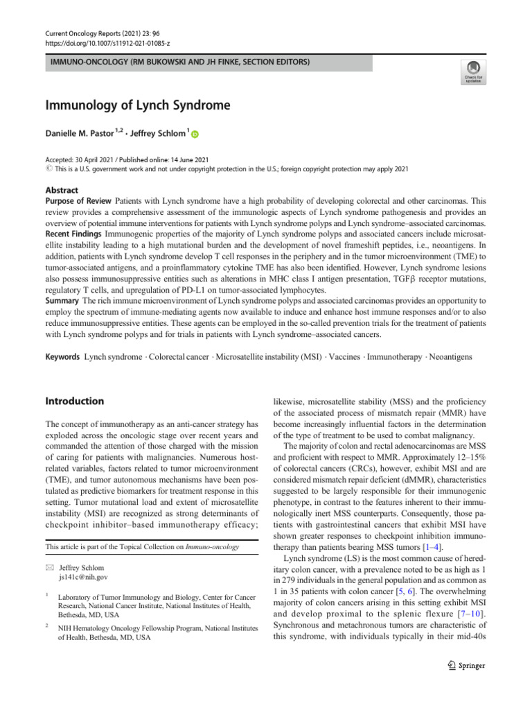 Immunology of Lynch Syndrome: Current Oncology Reports (2021) 23: 96 ...