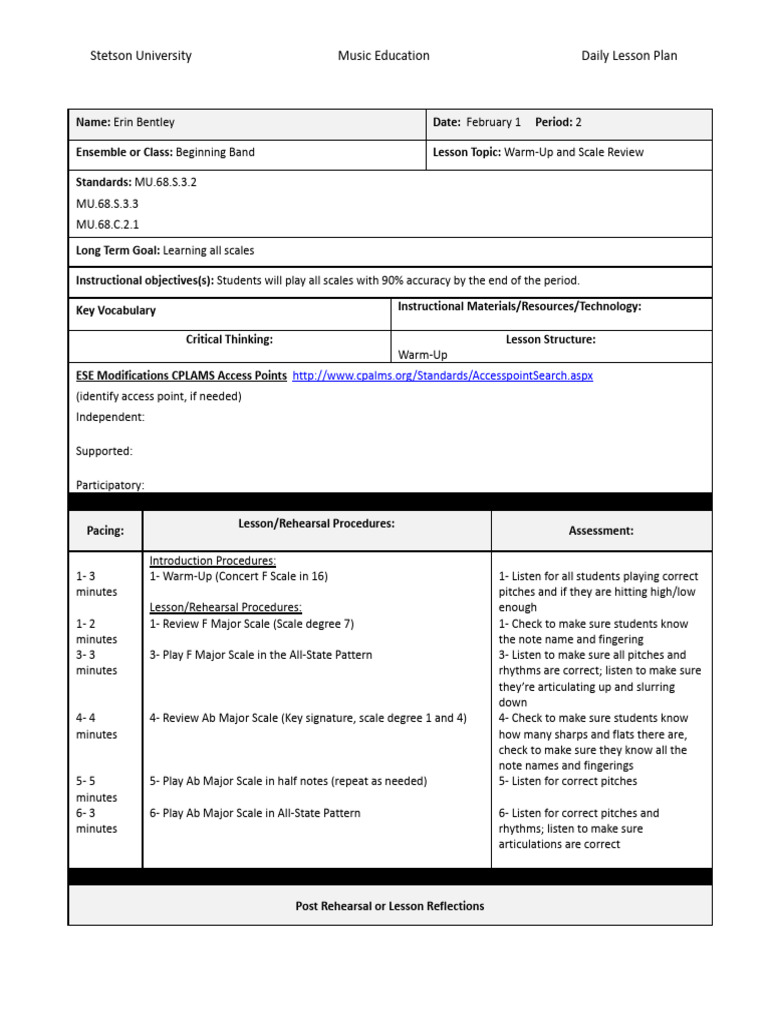 Beginning Band Lesson Plan: Scales Review | PDF | Lesson Plan | Human ...