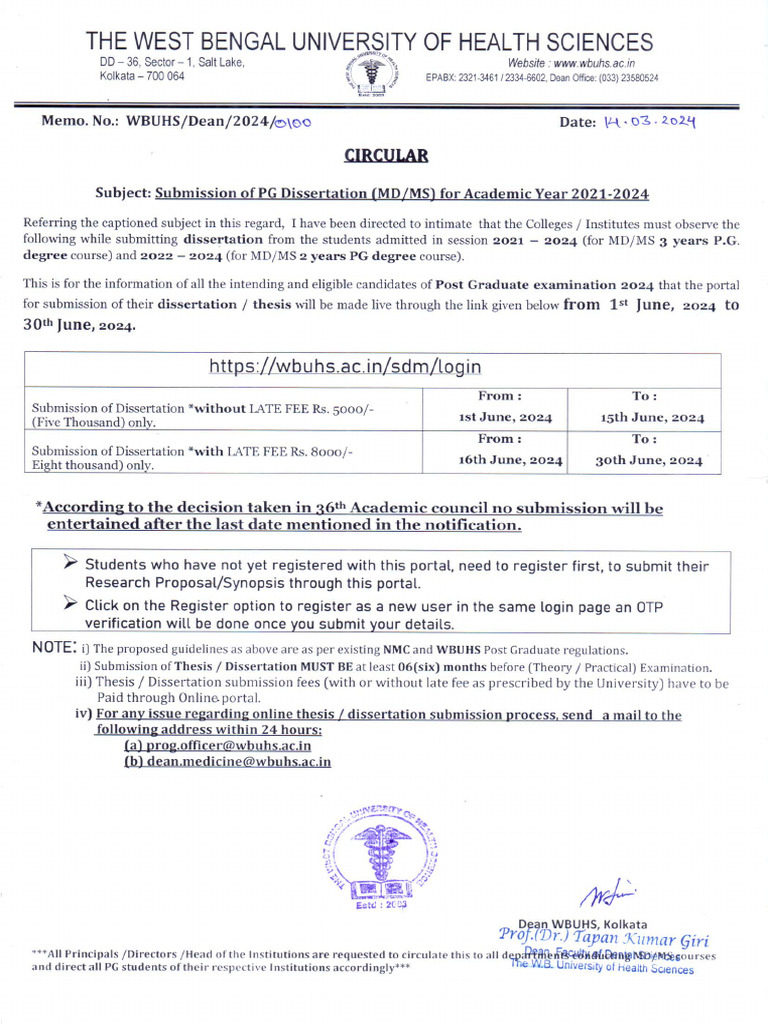 Circular For Submission of MD MS Dissertation For The Session 2021 2024 ...