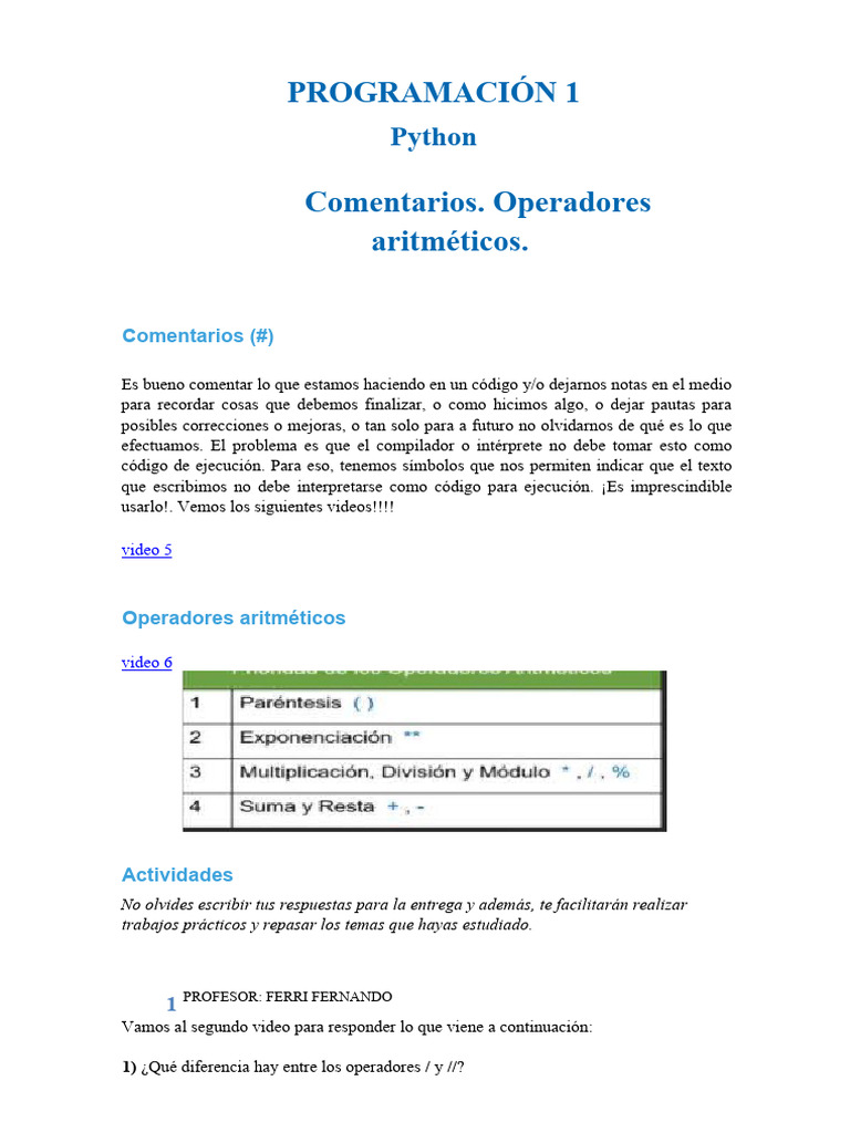 Fundamentos de Python: Comentarios y Operadores | PDF