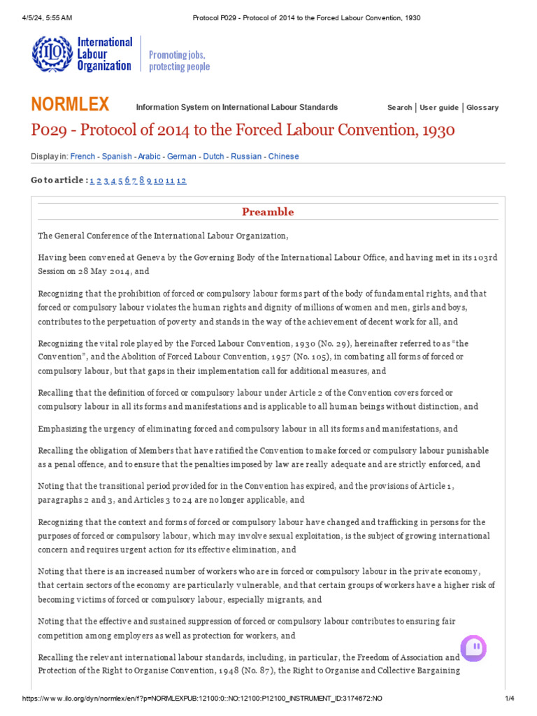 Protocol of 2014 To The Forced Labour Convention, 1930 | PDF ...
