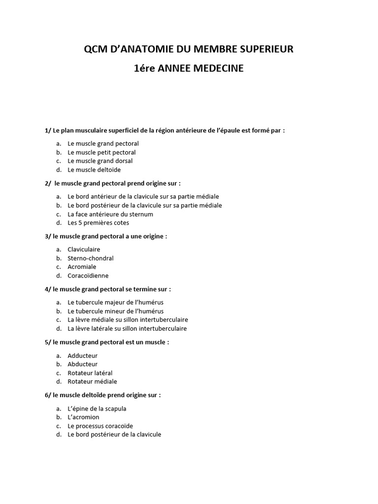 QCM Anatomie: Membre Supérieur | PDF | Bras | Main
