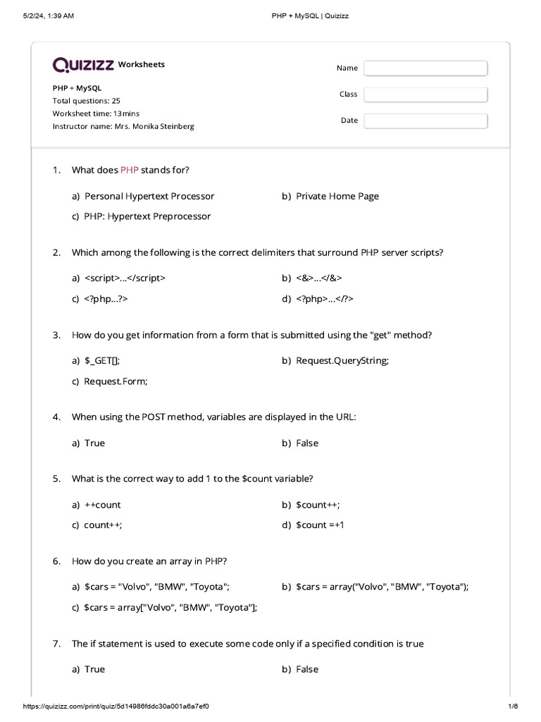 Php Mysql Quizizz Download Free Pdf Php Computer Programming 9857