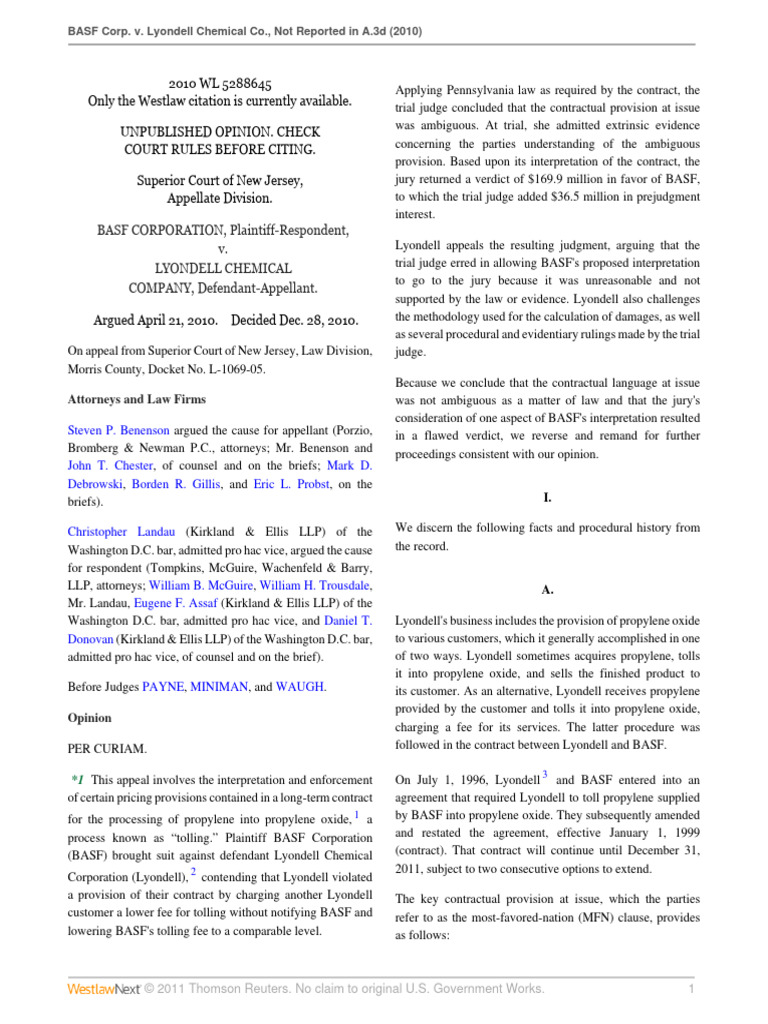 BASF Corp V Lyondell Chemical Co | Download Free PDF | Damages ...