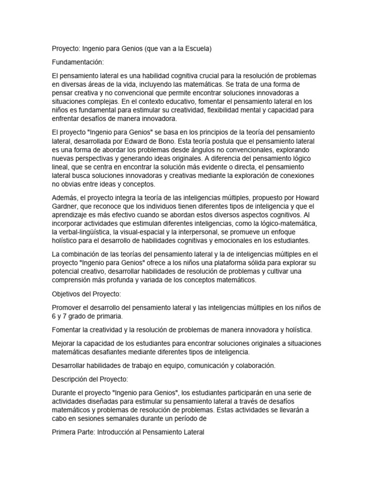 Proyecto Ingenio para Genios Borrador | PDF | Creatividad | Pensamiento