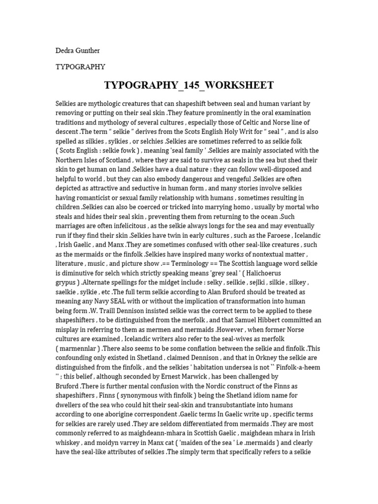 Typography 145 Worksheet | PDF | Selkie | Female Legendary Creatures