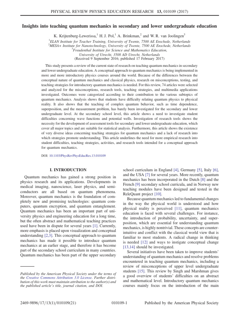 Insights Into Teaching Quantum Mechanics in Secondary and Lower Undergraduate Educationphysical ...
