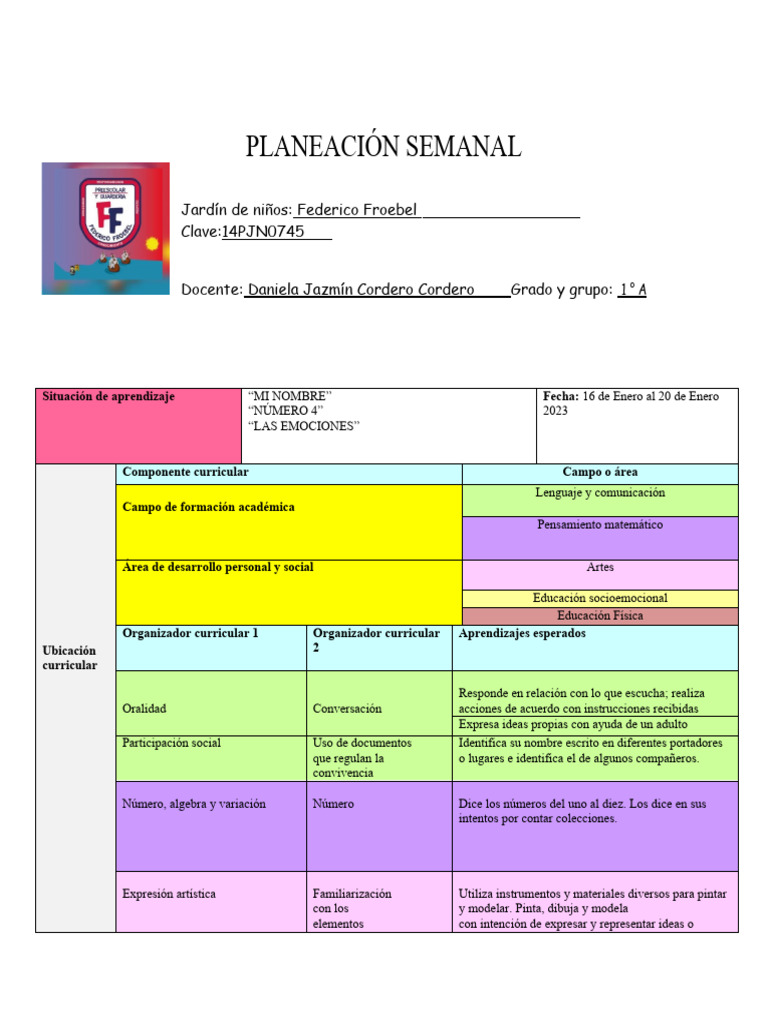 Planeación Semanal para Jardín de Niños | PDF | Educación de la primera ...