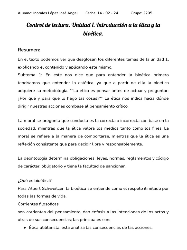 Control de Lectura. Unidad 1. Introducción A La Ética y La Bioética ...
