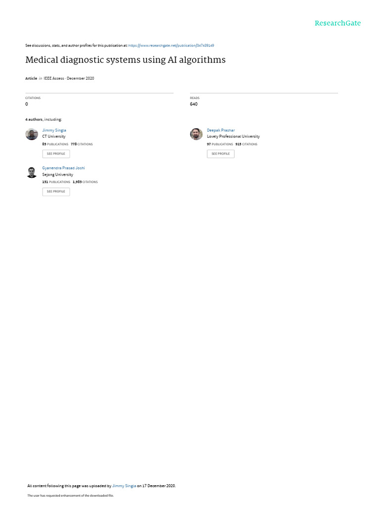 Medical Diagnostic Systems Using AI Algorithms: IEEE Access December ...