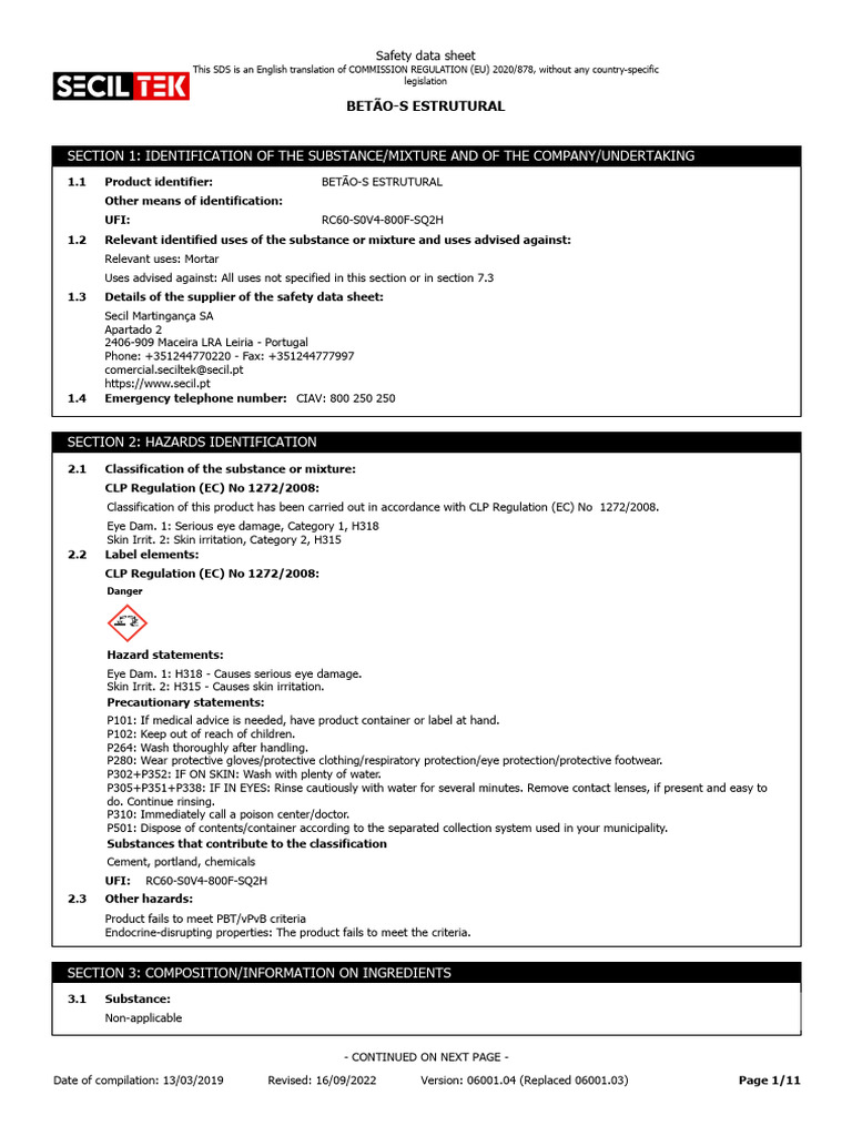 Safety Data Sheet Betão-S Estrutural | PDF | Dangerous Goods | Toxicity