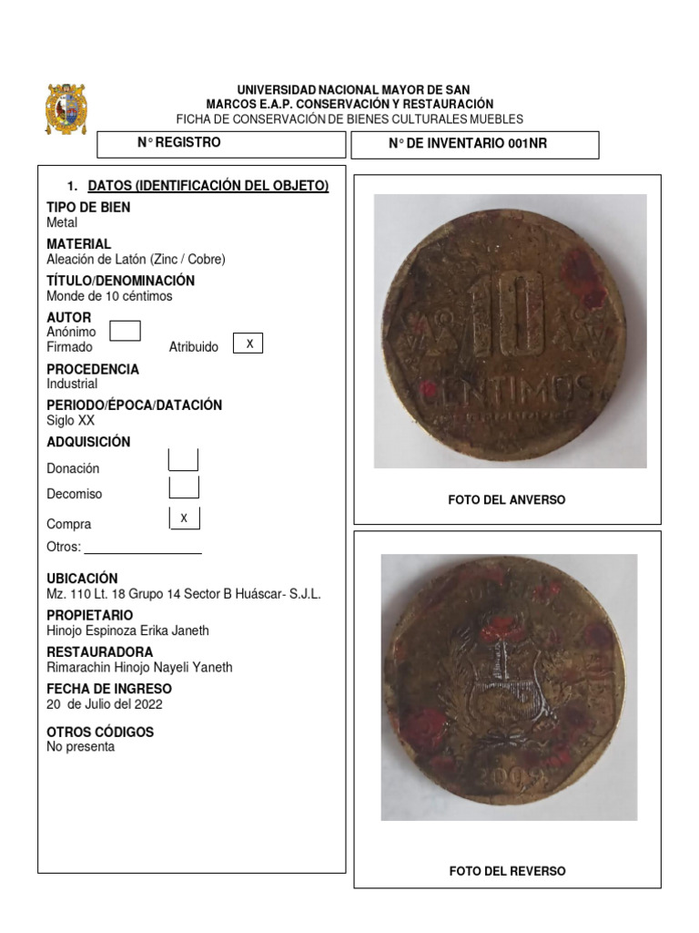 FICHA DE CONSERVACIÓN y Restauración de Una Moneda | PDF | Cobre | Agua