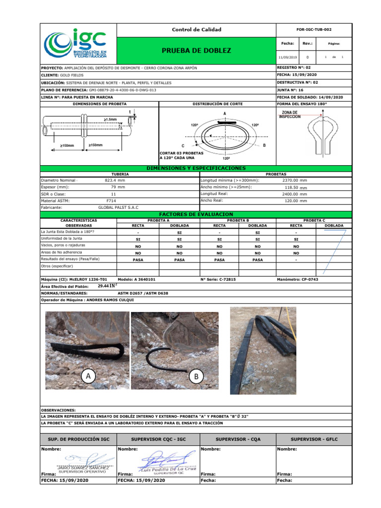 FOR-IGC-TUB-002 Prueba de Doblez 32 2 15-9-20 | PDF