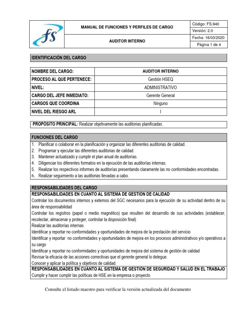 FS.940 Perfil Auditor Interno v.2 | PDF | Auditoría | Sistema de manejo ...