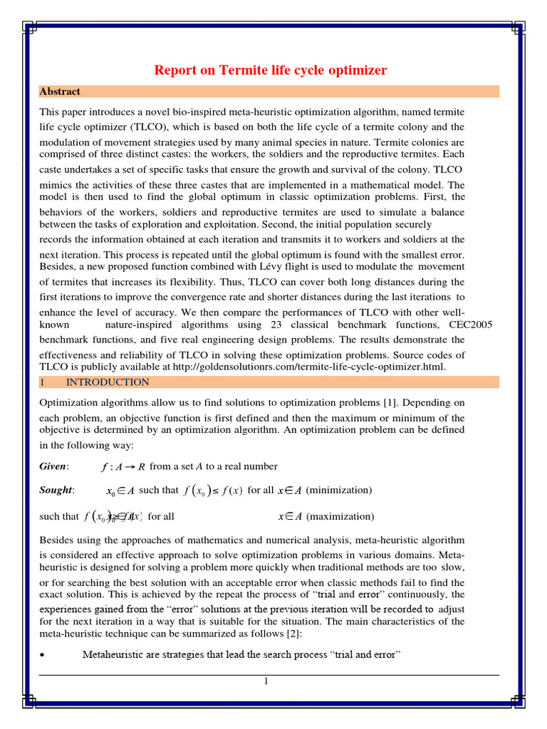 Termite Life Cycle Optimizer Report | PDF | Metaheuristic | Mathematical Optimization