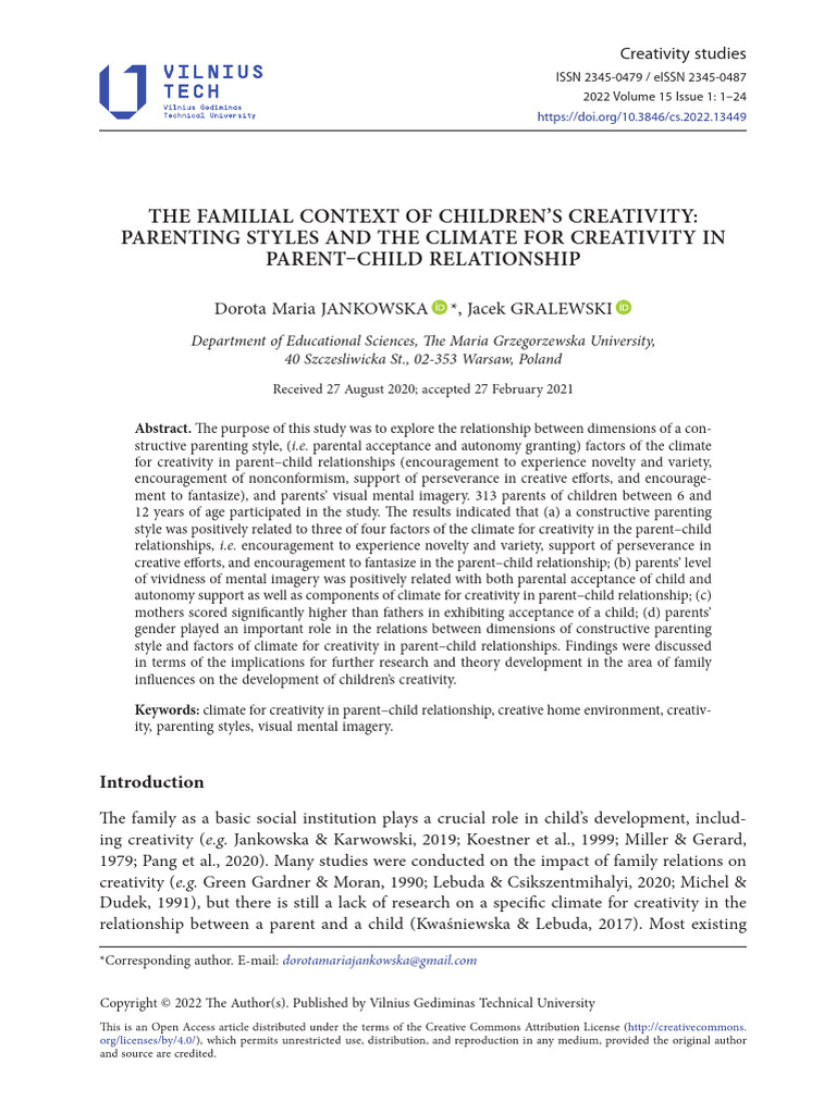 The Familial Context of Children'S Creativity: Parenting Styles and The Climate For Creativity ...