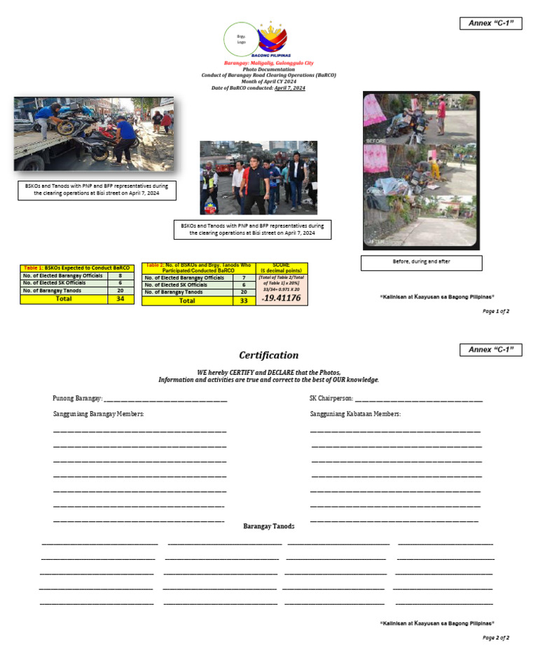 Barangay Road Clearing Report 2024 | PDF