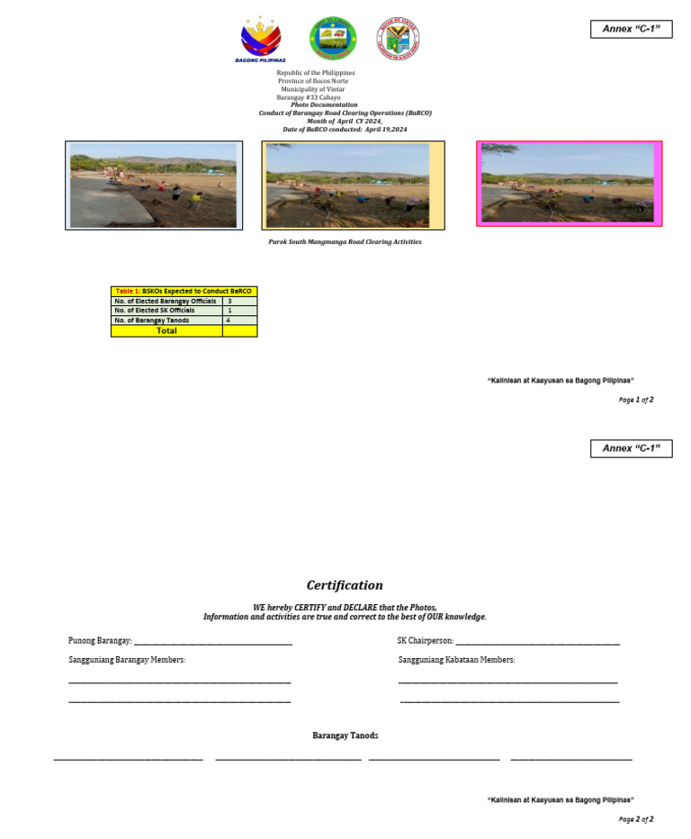 Annex C-1 - Photo Documentation - Barangay BaRCO Monthly Monitoring Report Template With BSKO ...