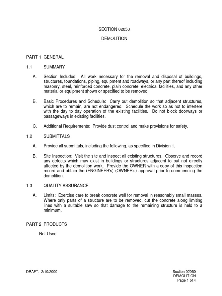 Division 2 Demolition Specifications | PDF | Demolition | Concrete