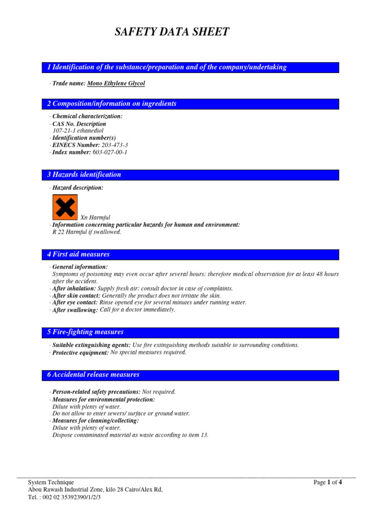 MSDS Mono Ethylene Glycol POS 49 & 50 | PDF | Water