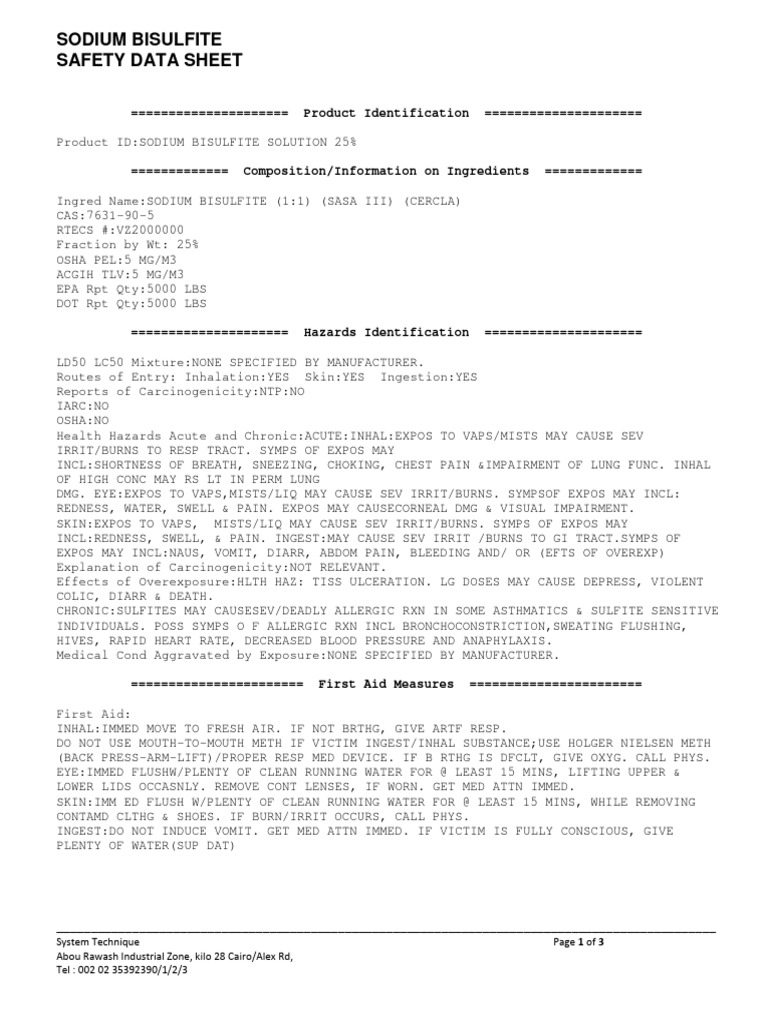 MSDS Sodium Bisulfite POS 44 | PDF | Water | Personal Protective Equipment