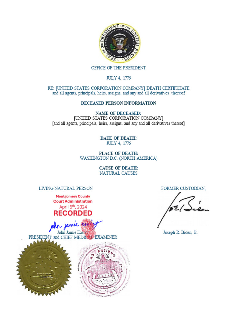 Fiduciary Appointments Death Certificate American Heritage Federal ...