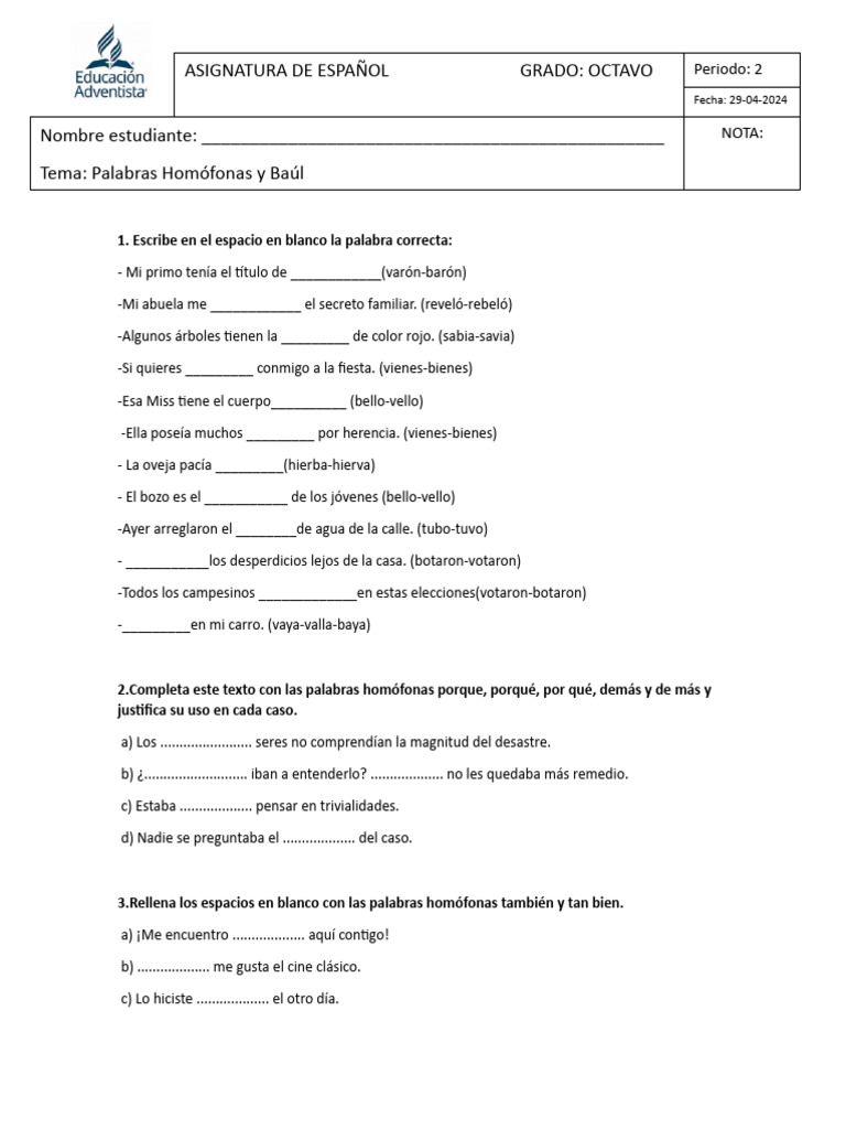 Taller Palabras Homofonas y Baul | PDF