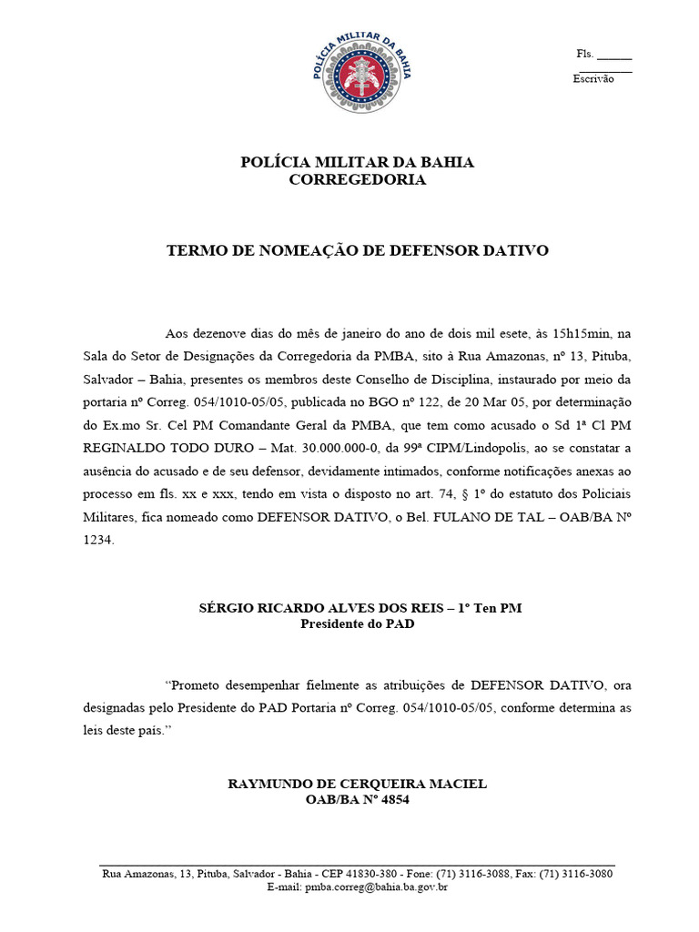 Nomeação de Defensor Dativo - Modelo | PDF | Brasil | Polícia