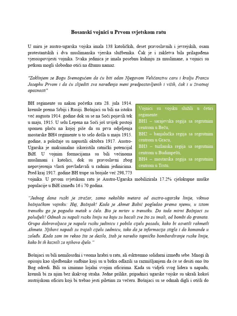 Bosanski Vojnici U Prvom Svjetskom Ratu | PDF