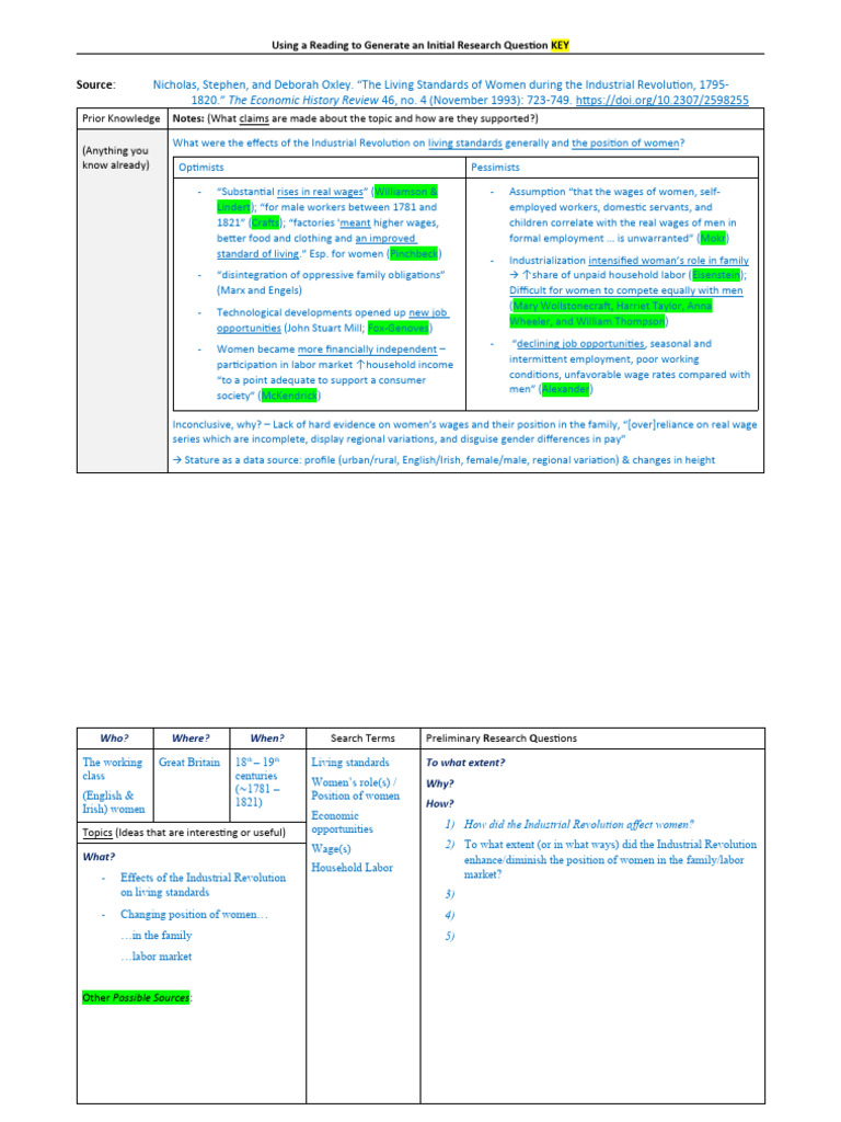 Using A Reading To Generate A Research Question KEY (Industrial ...
