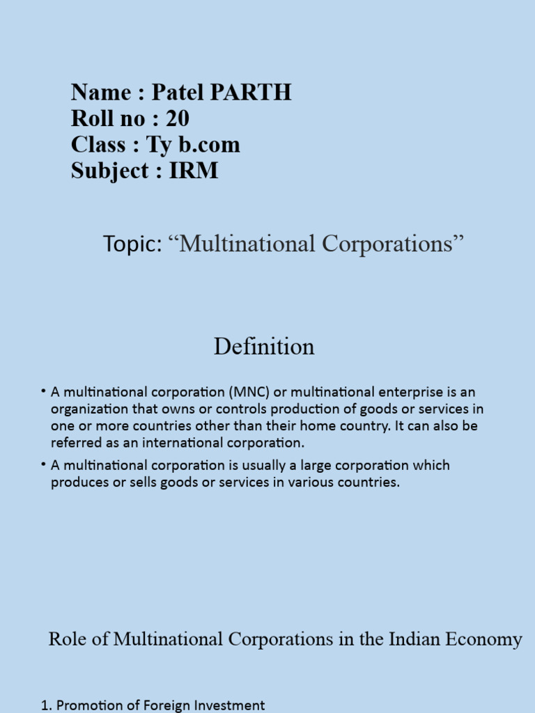 20 - Parth Patel - IF - TY Bcom. | PDF | Multinational Corporation | Exports