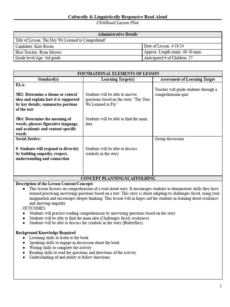 Read Aloud Lesson Plan | Download Free PDF | Reading Comprehension ...