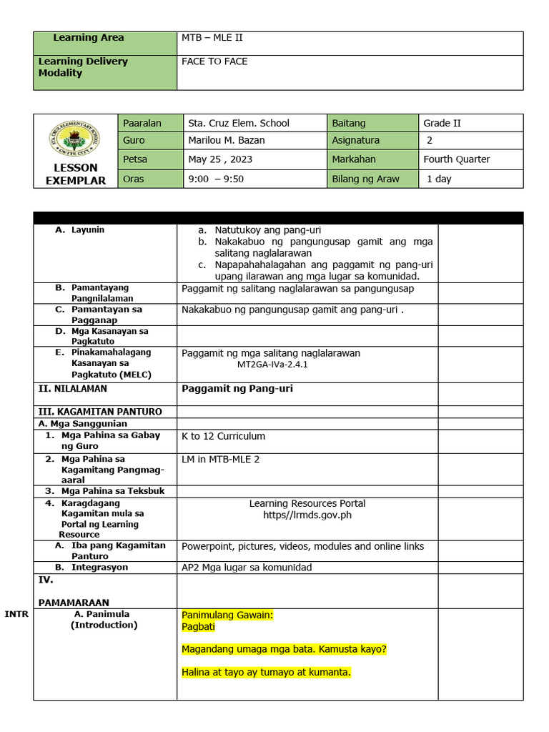 IDEA-Lesson-Exemplar-in MTB MLE | PDF