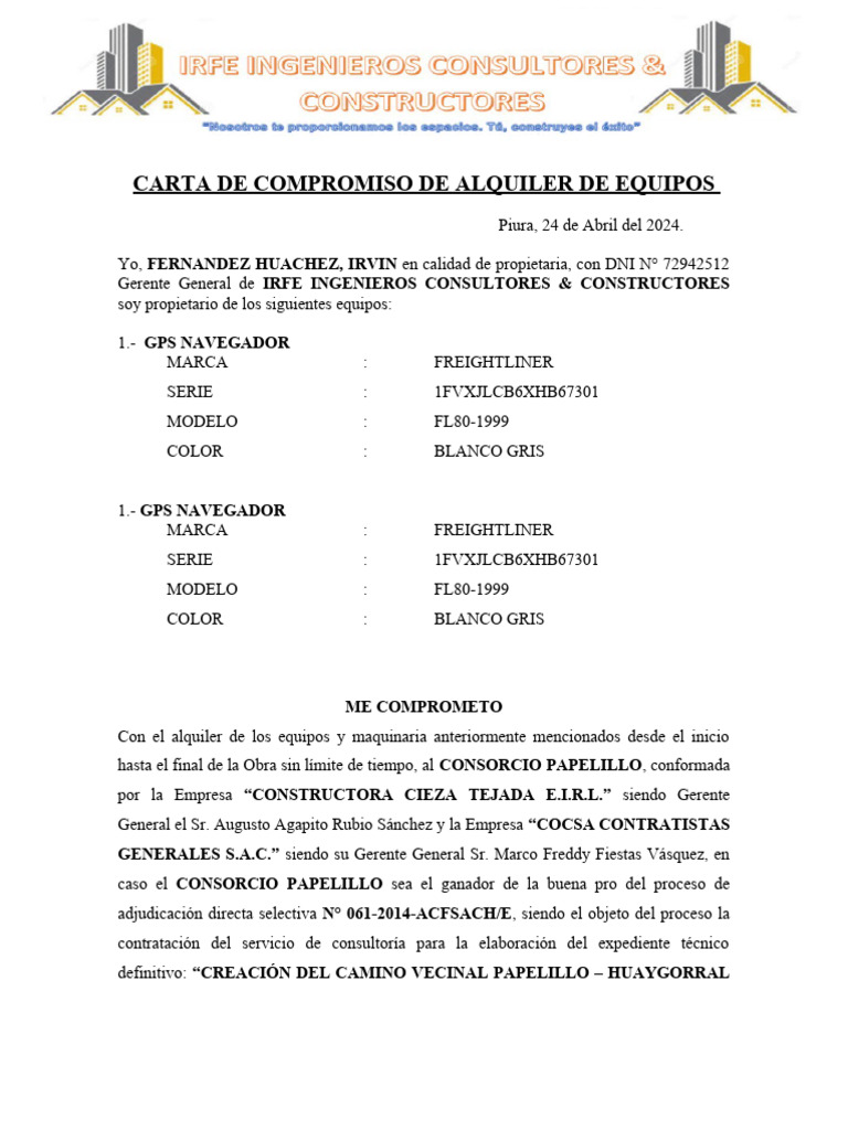 Carta De Compromiso De Alquiler De Equipos Y Maquinaria Felipe Eduardo