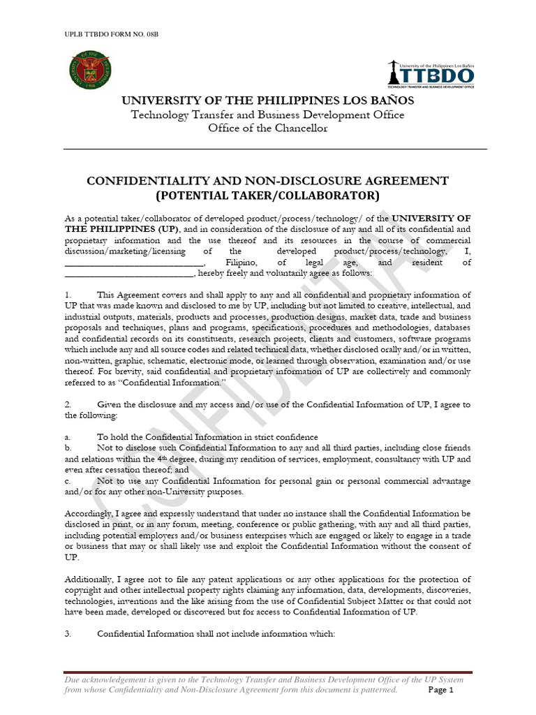 UPLB TTBDO Form No. 08B (CNDA For Potential Takers and Collaborators ...