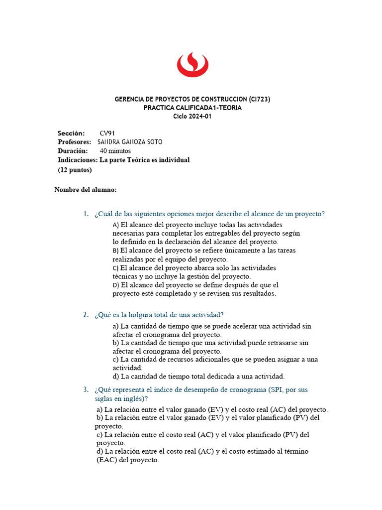 PC1 - CV91 - Parte Teorica | PDF | Presupuesto