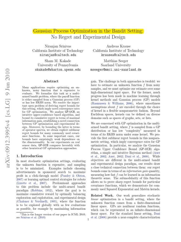 Gaussian Process Optimization in The Bandit Setting | PDF | Mathematical Optimization ...