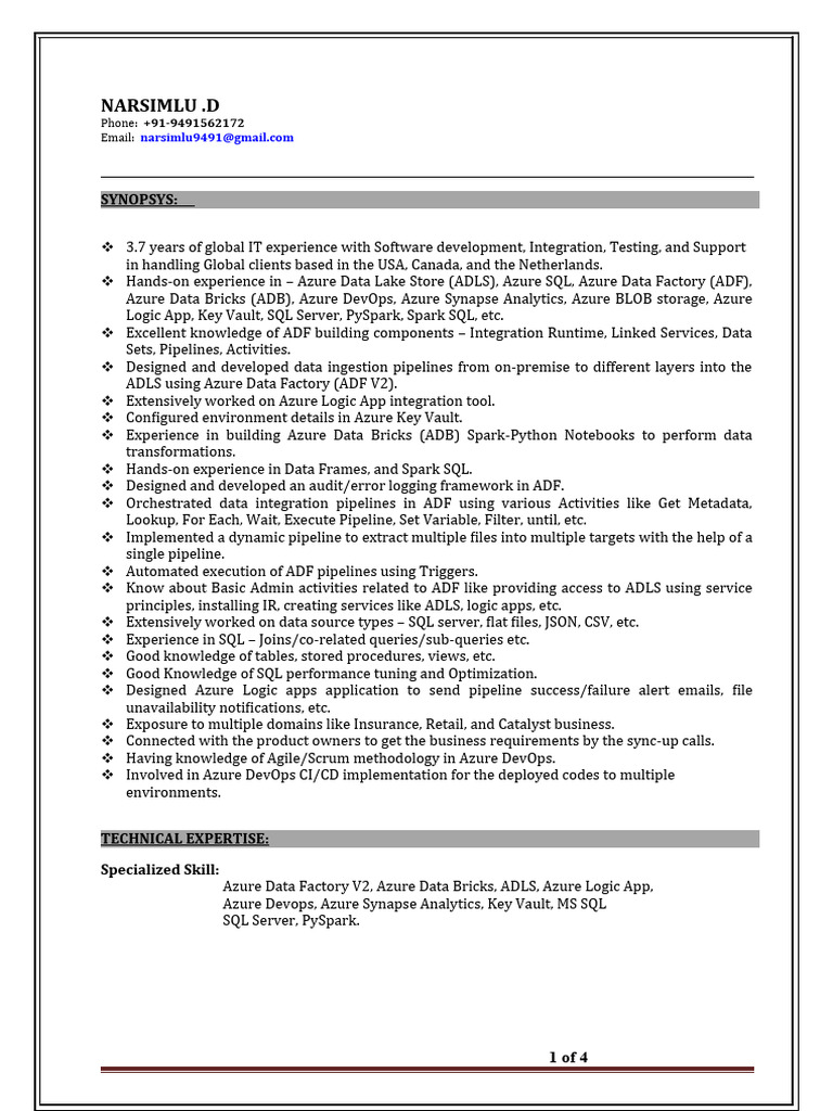Narsimlu - Azure Data Engineer - Resume .Pf-1 | PDF | Microsoft Sql Server | Databases