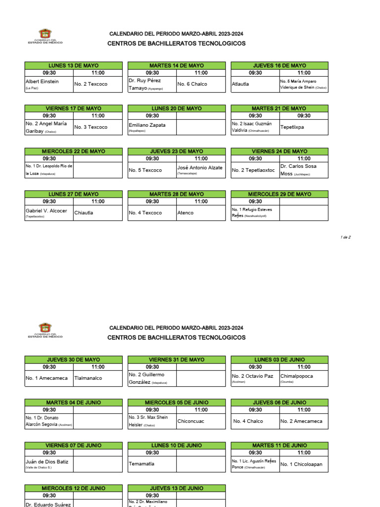 Calendario de Centros de Bachilleratos Tecnologicos Marzo-Abril 2023 ...