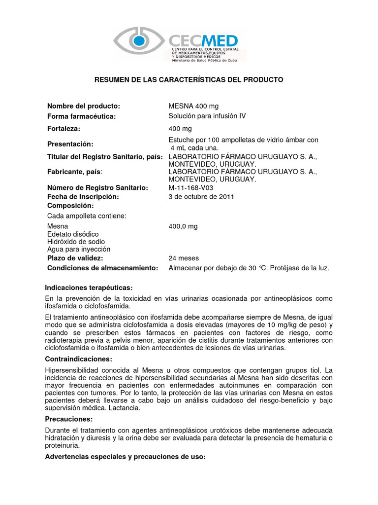 m11168v03 Mesna | PDF | Medicamentos con receta | Terapia intravenosa