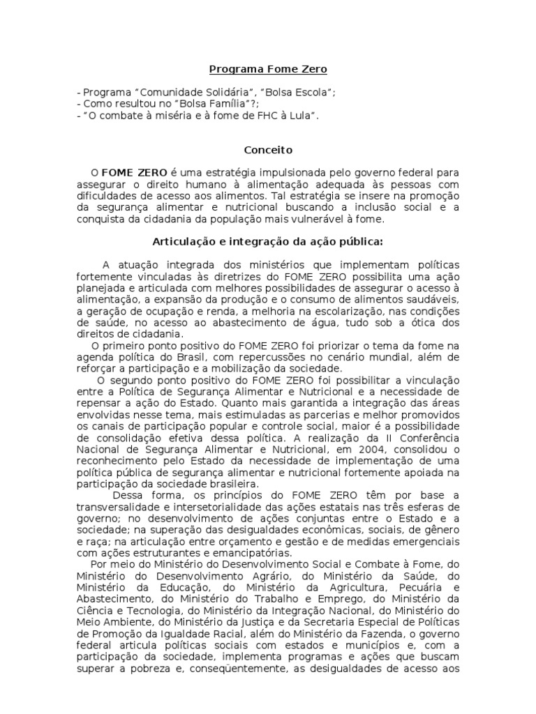 Programa Fome Zero | PDF | Pobreza | Pobreza e Pessoas em Situação de Rua